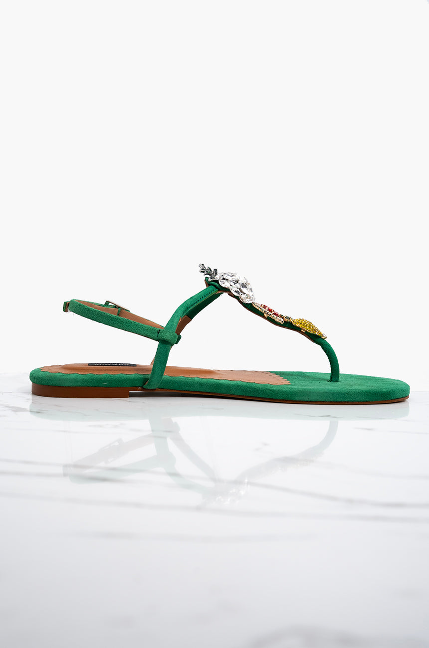 Aila - Green Suede Crystal Fruit Motif Sandals – Miaasa Footwear